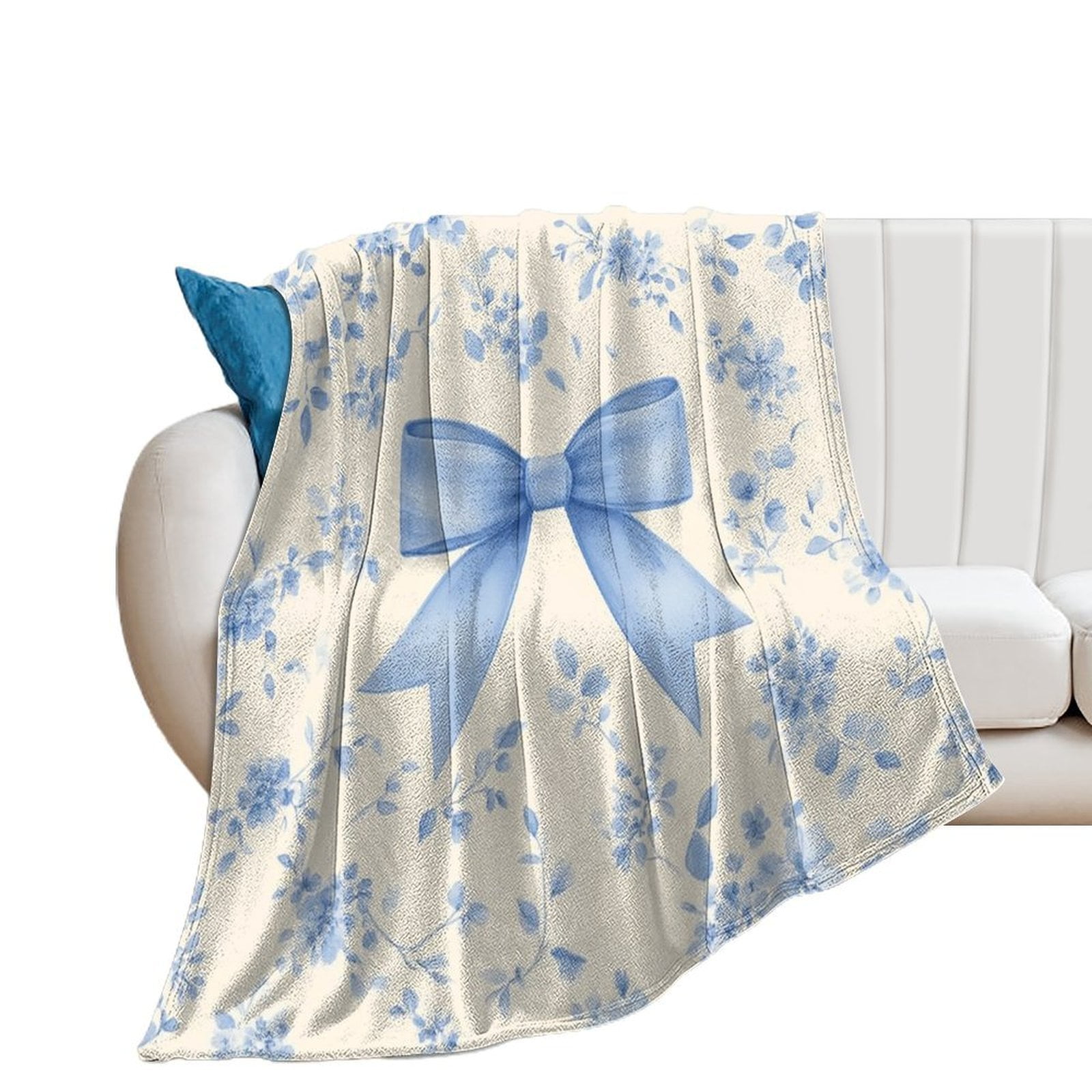 Blue Floral Ribbon Pattern Blanket Throw Blankets Warm Cozy Lightweight ...