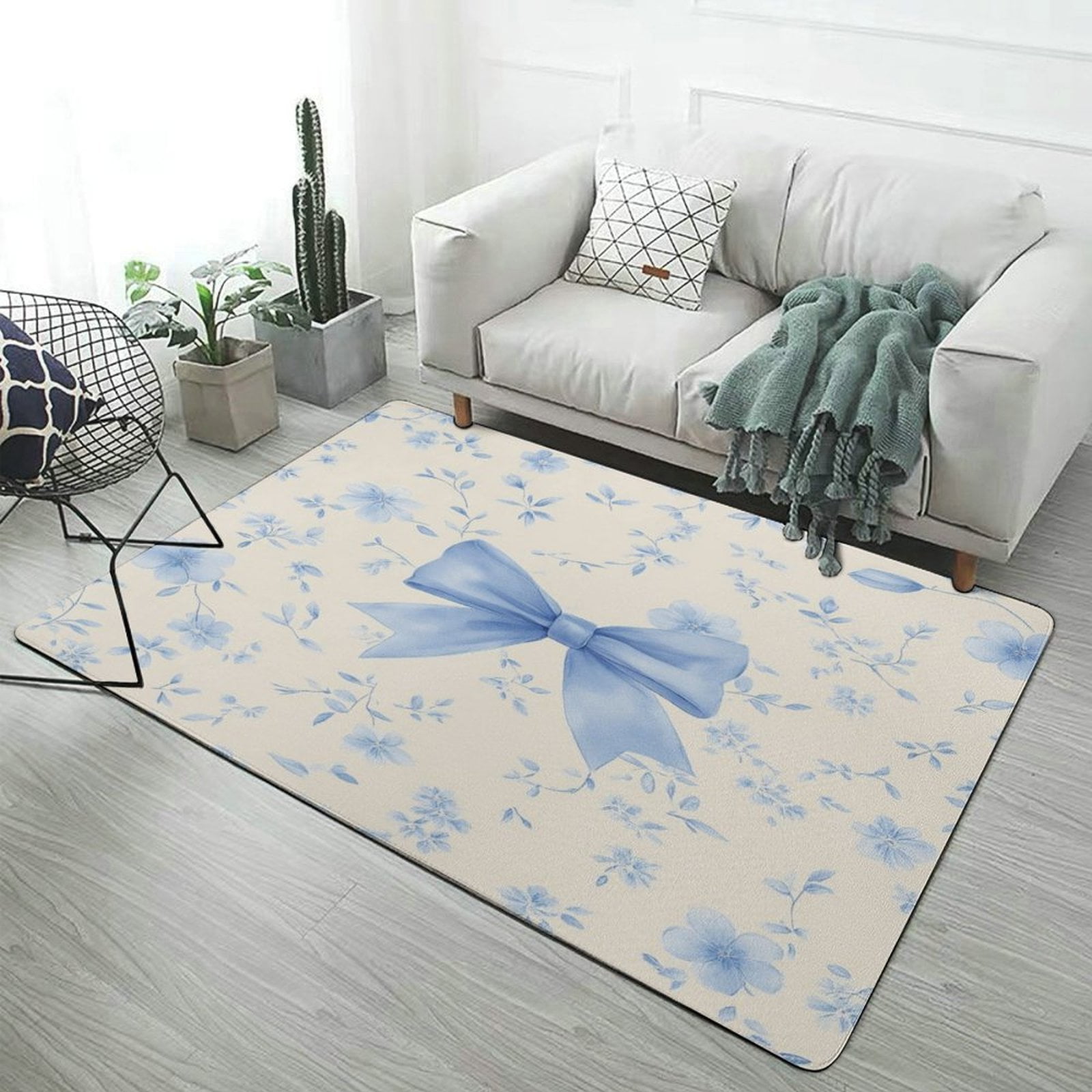 Blue Floral Ribbon Pattern Soft Comfy Area Rugs Carpet Suitable for ...