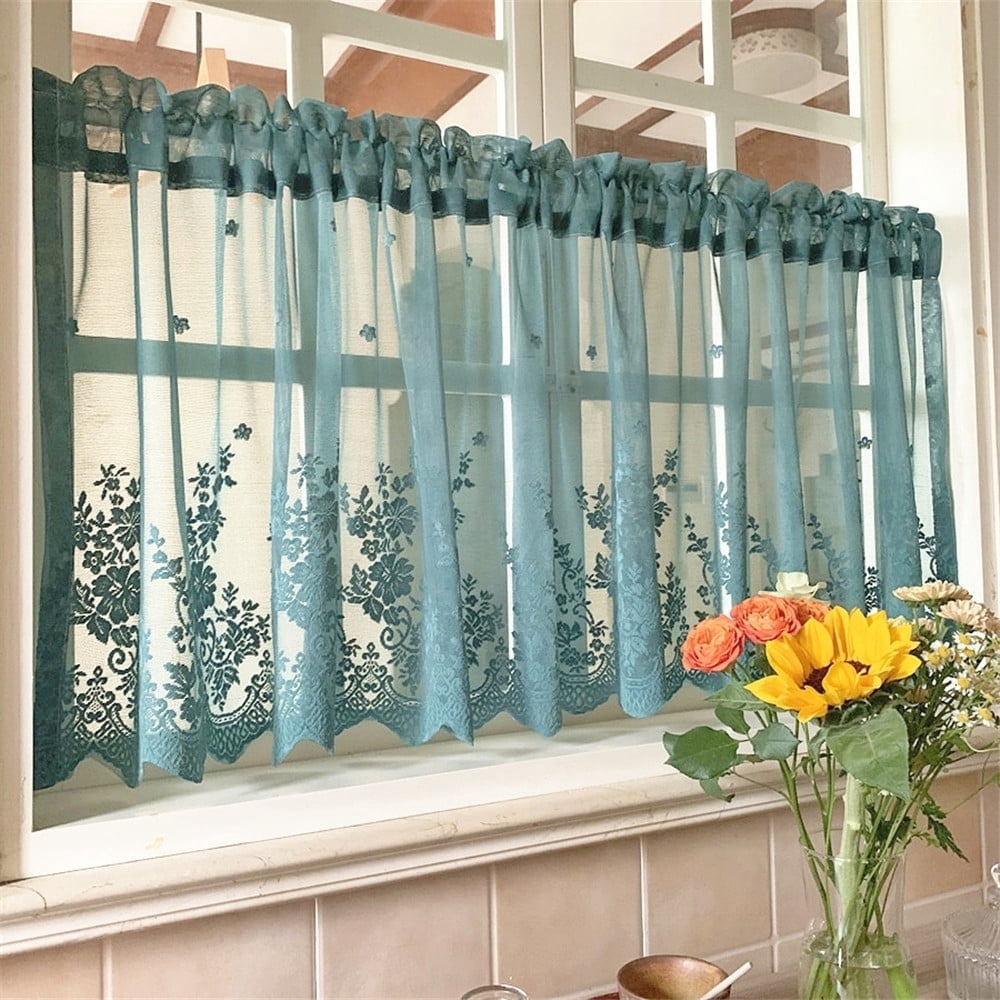 Blue Floral Rose Lace Cafe Kitchen Short Curtains 2 Panels Set-51"wx16 ...