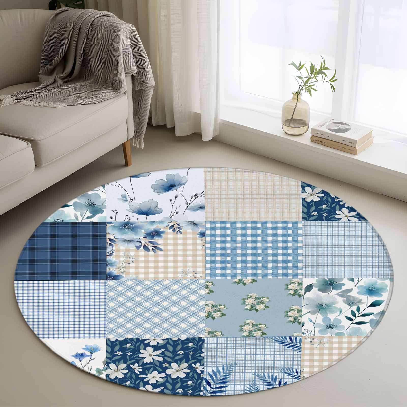 Blue Floral Round Area Rug 3.3Ft Washable Circle Rugs for Dining Room ...