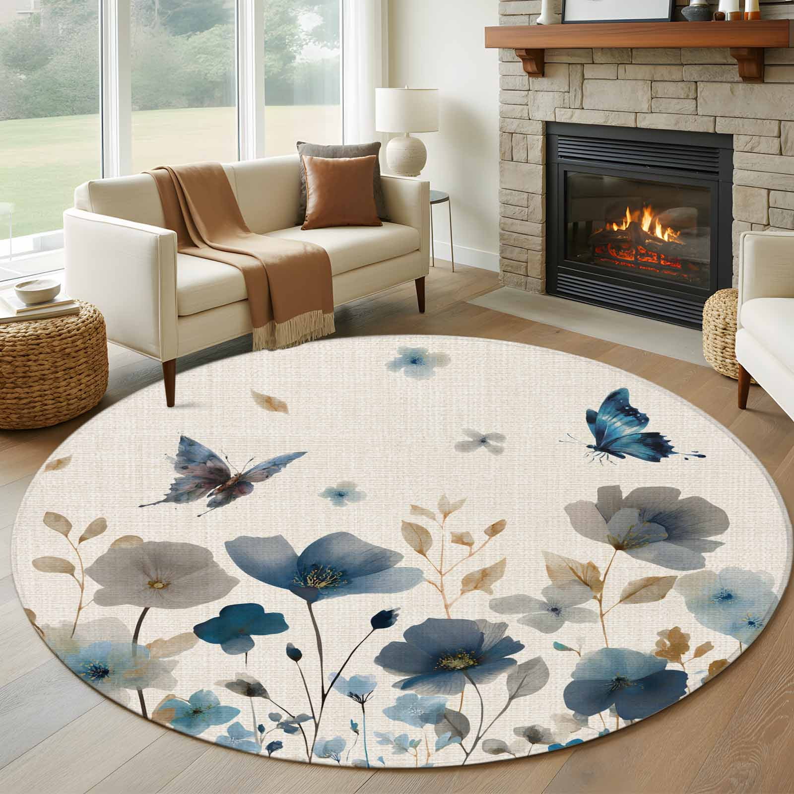 Blue Floral Round Area Rug 6Ft Washable Circle Rugs for Bathroom Office ...
