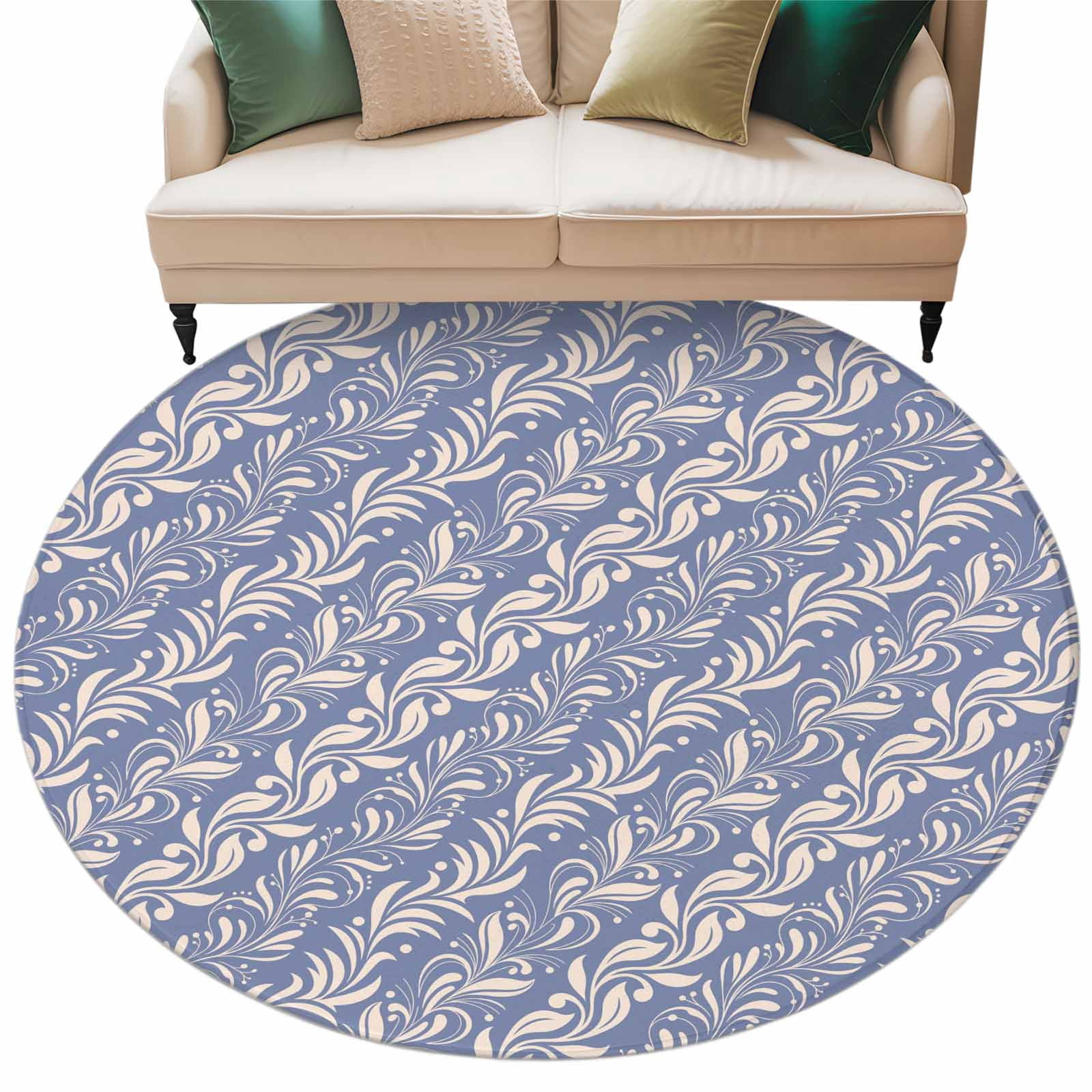 Blue Floral Round Area Rugs Collection 8', Spring Flowers Pattern ...