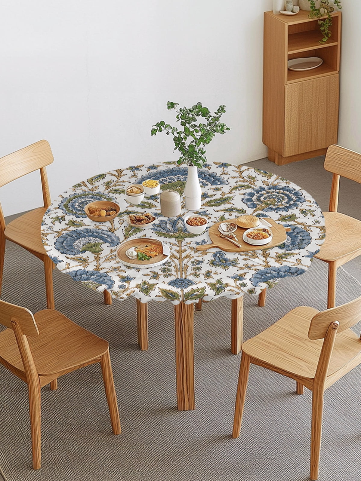 Blue Floral Round Fitted Tablecloth with Elastic Edge, Bohemian Country ...