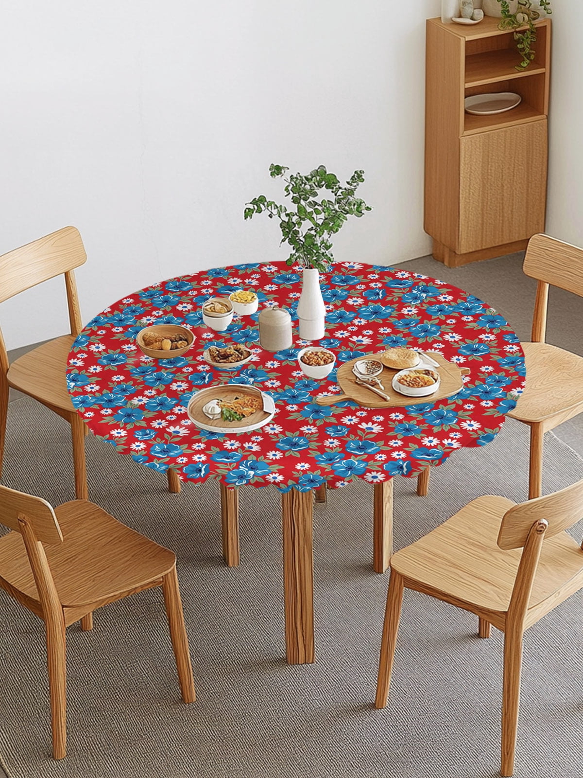 Blue Floral Round Fitted Tablecloth with Elastic Edge, Flower Leaves ...