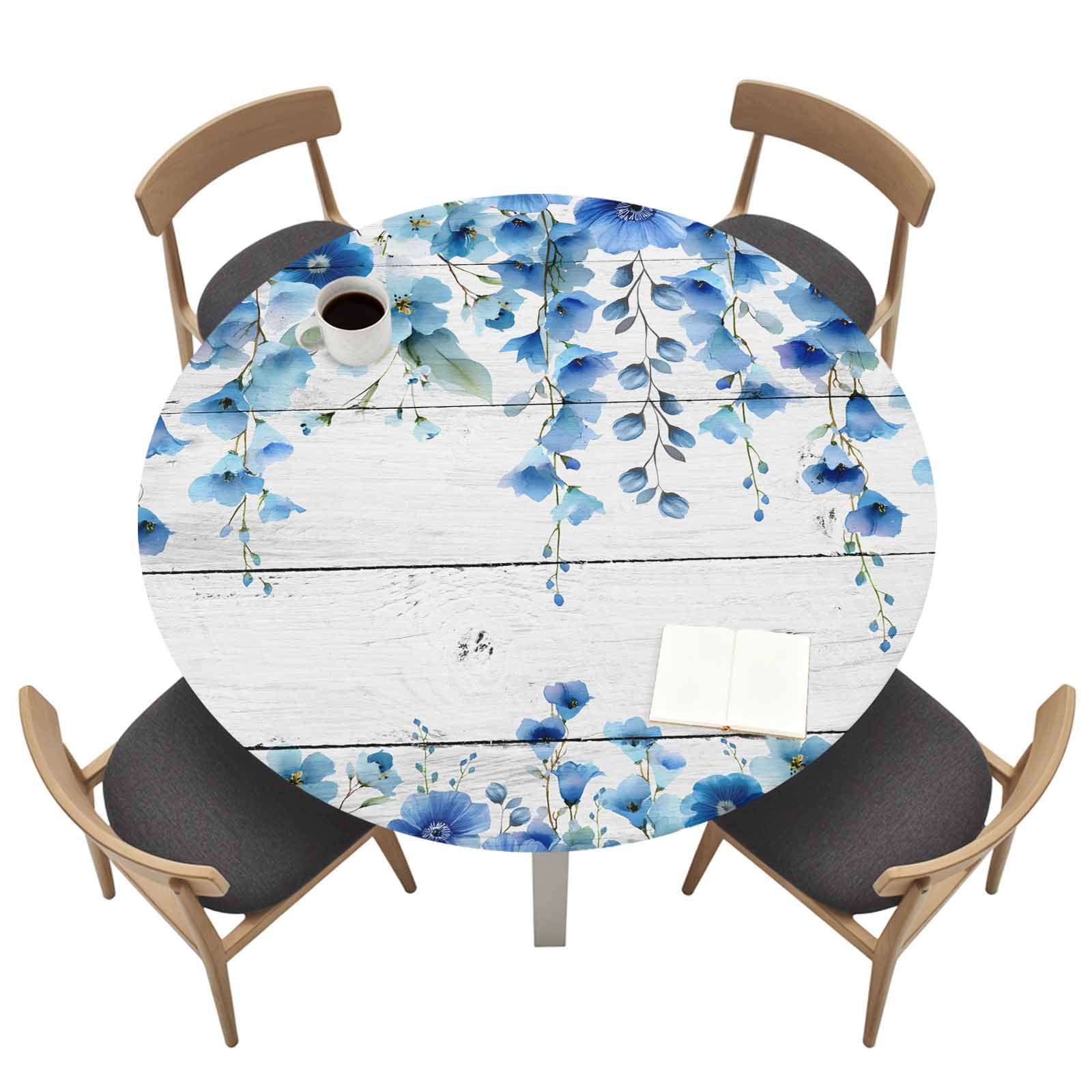 Blue Floral Round Fitted Tablecloth with Elastic Edge Watercolor Spring ...