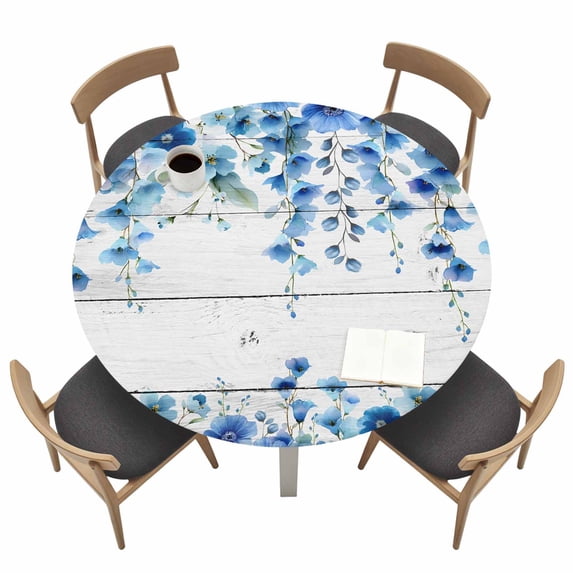 Blue Floral Round Fitted Tablecloth with Elastic Edge Watercolor Spring ...