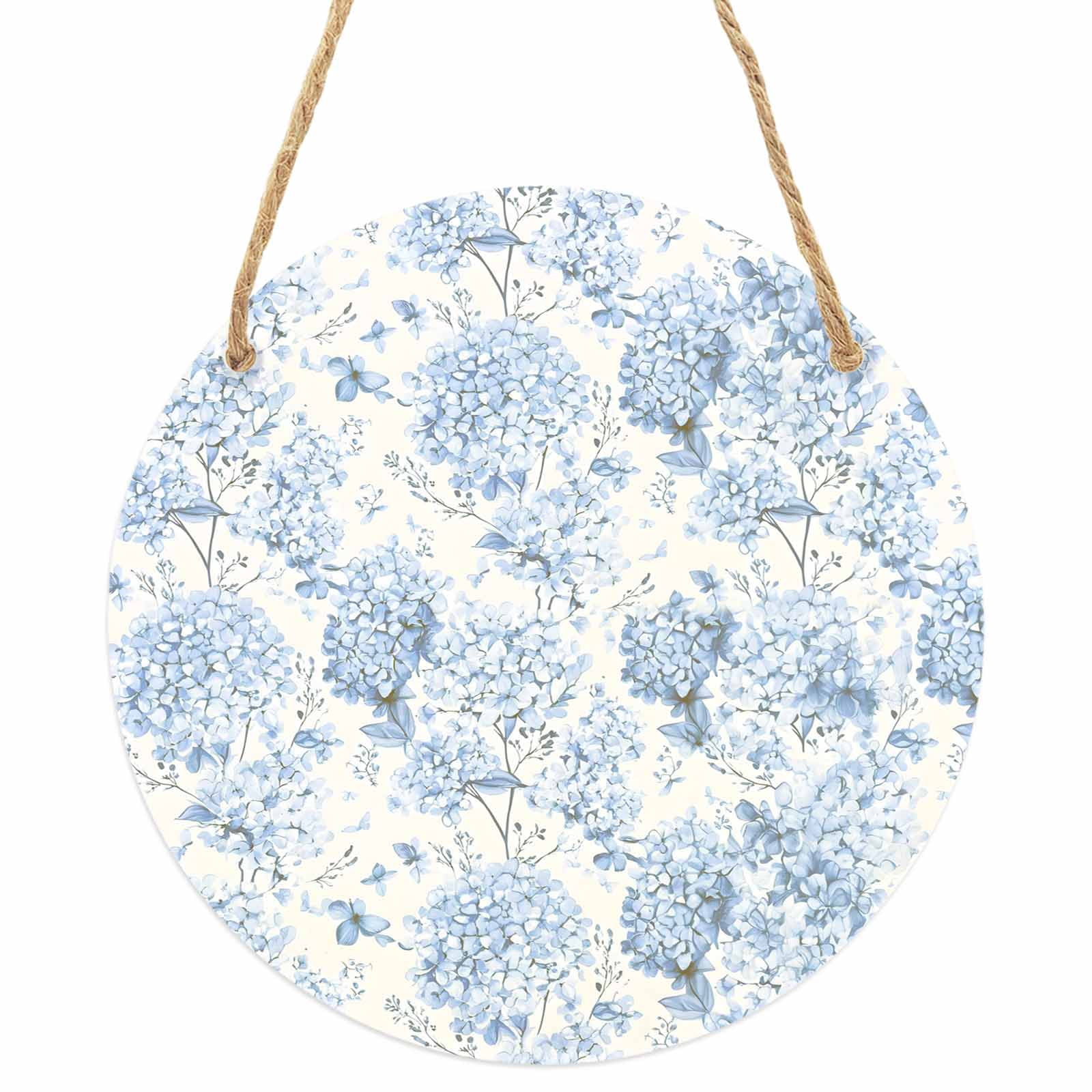 Blue Floral Round Front Door Welcome Sign, 7.8 Inch Wall Hanging Decor ...