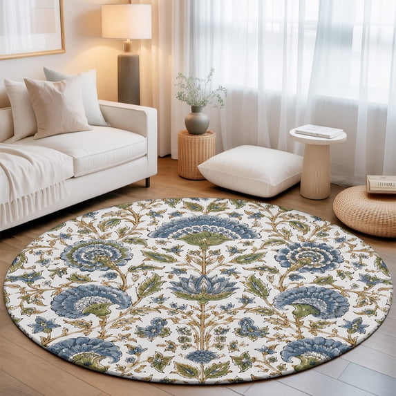 Blue Floral Round Living Room Rugs 6 ft, Bohemian Country Rustic ...