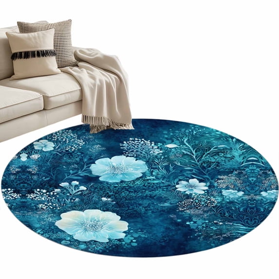 Blue Floral Round Rug 3.3ft Washable Circle Entryway Rugs Non Slip ...