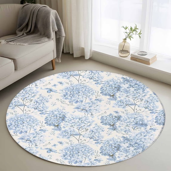 Blue Floral Round Rug 3 ft Hydrangeas Spring Plants Farmhouse Soft Area ...