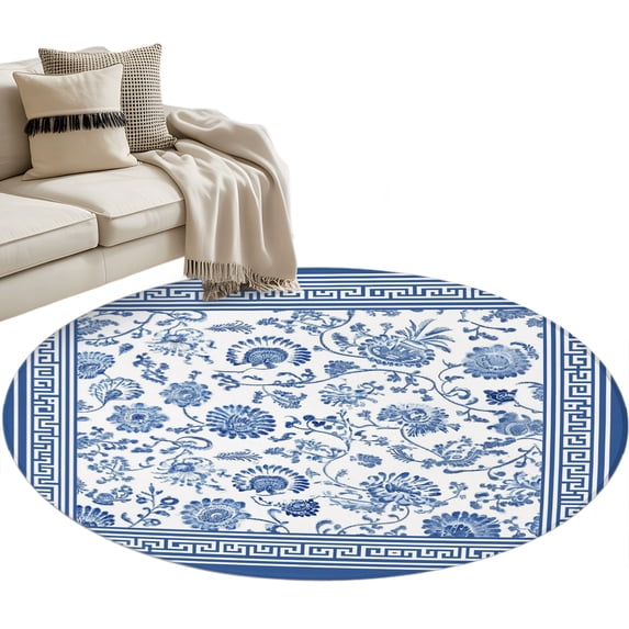 Blue Floral Round Rug 3ft Washable Circle Entryway Rugs Non Slip ...