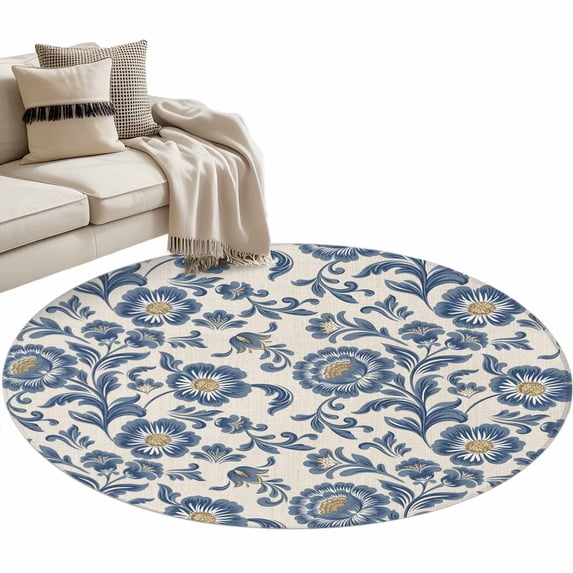 Blue Floral Round Rug 4Ft Oriental Traditional Ethnic Flower Texture ...