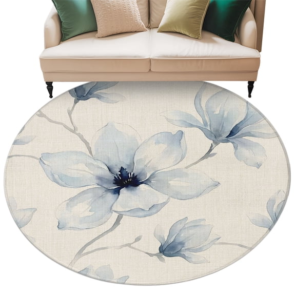 Blue Floral Round Rug 5ft Washable Circle Kitchen Rugs Non Slip Summer ...
