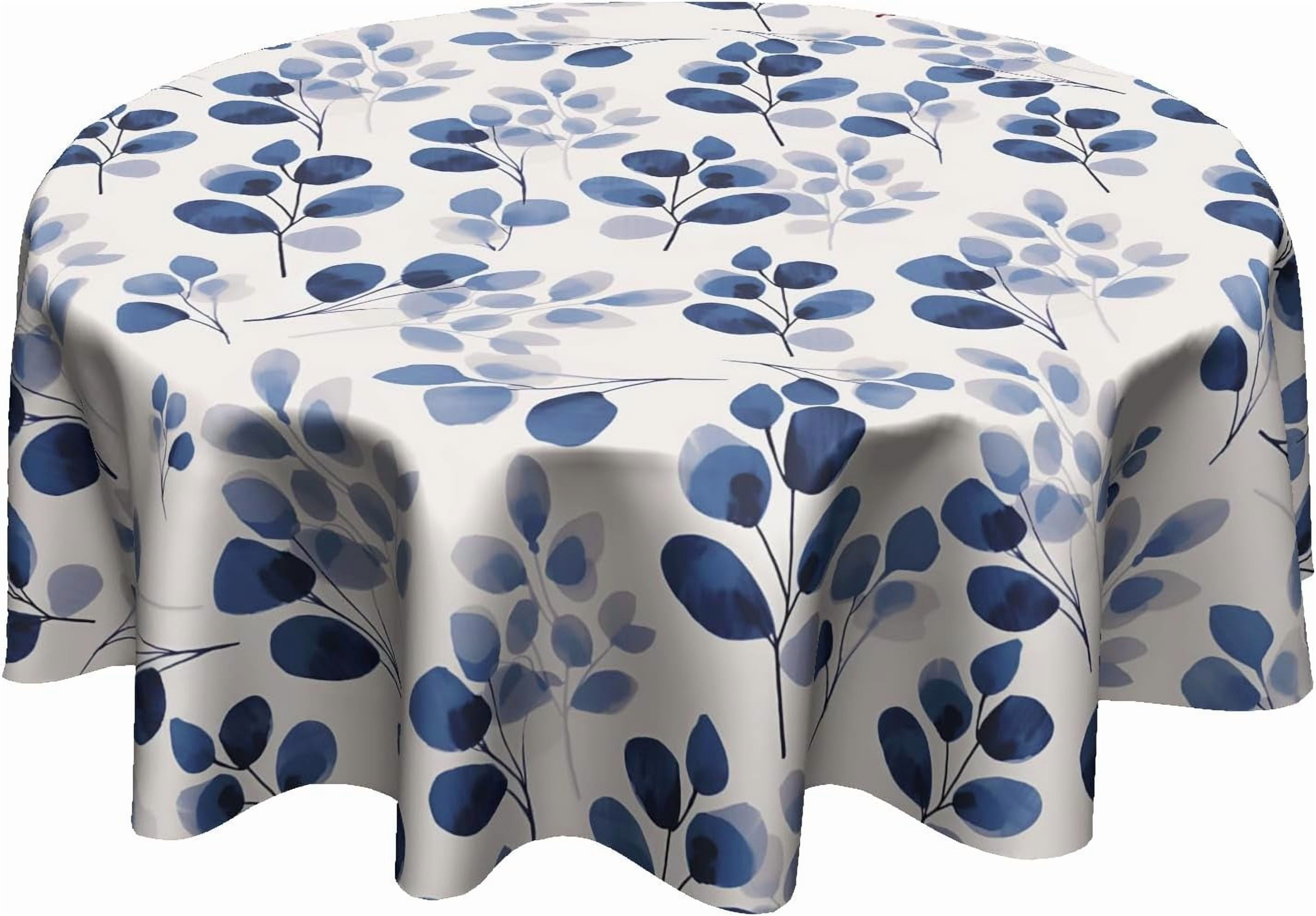 Blue Floral Round Table Cloth - Navy Leaf Tablecloth 60 Inch Botanical ...
