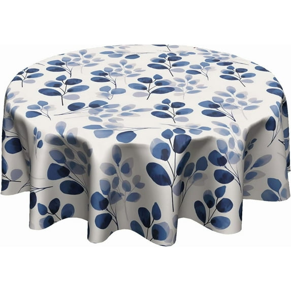 Blue Floral Round Table Cloth - Navy Leaf Tablecloth 60 Inch Botanical ...
