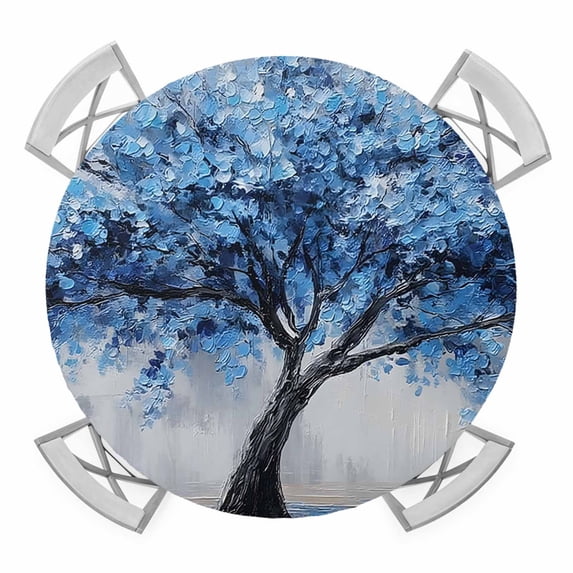 Blue Floral Round Table Cover, Classical Flower Botanical Abstract ...