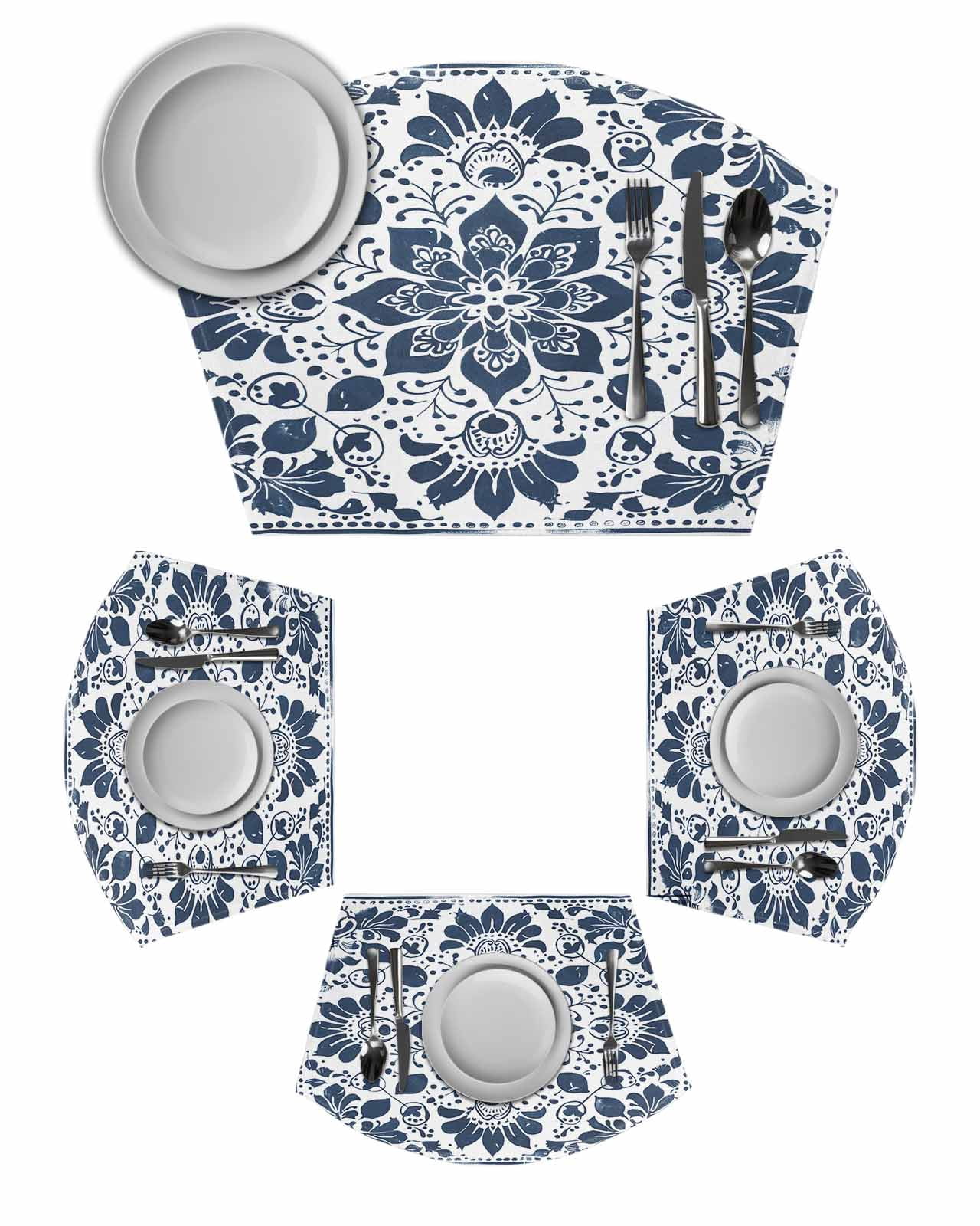 Blue Floral Round Table Placemats Set of 6 Wedge Placemats, Ethnic Boho ...