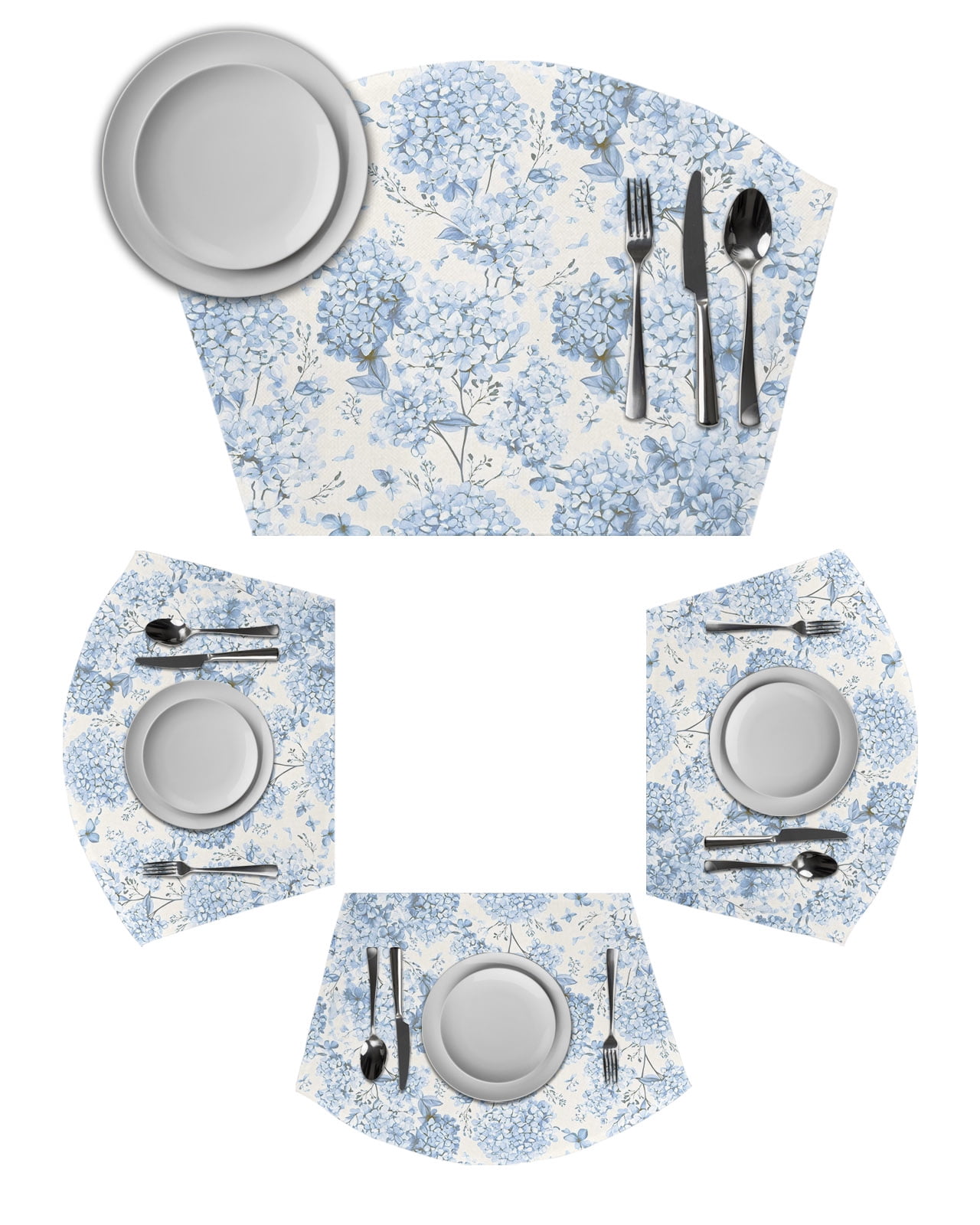 Blue Floral Round Table Placemats Set of 6 Wedge Placemats, Garden ...
