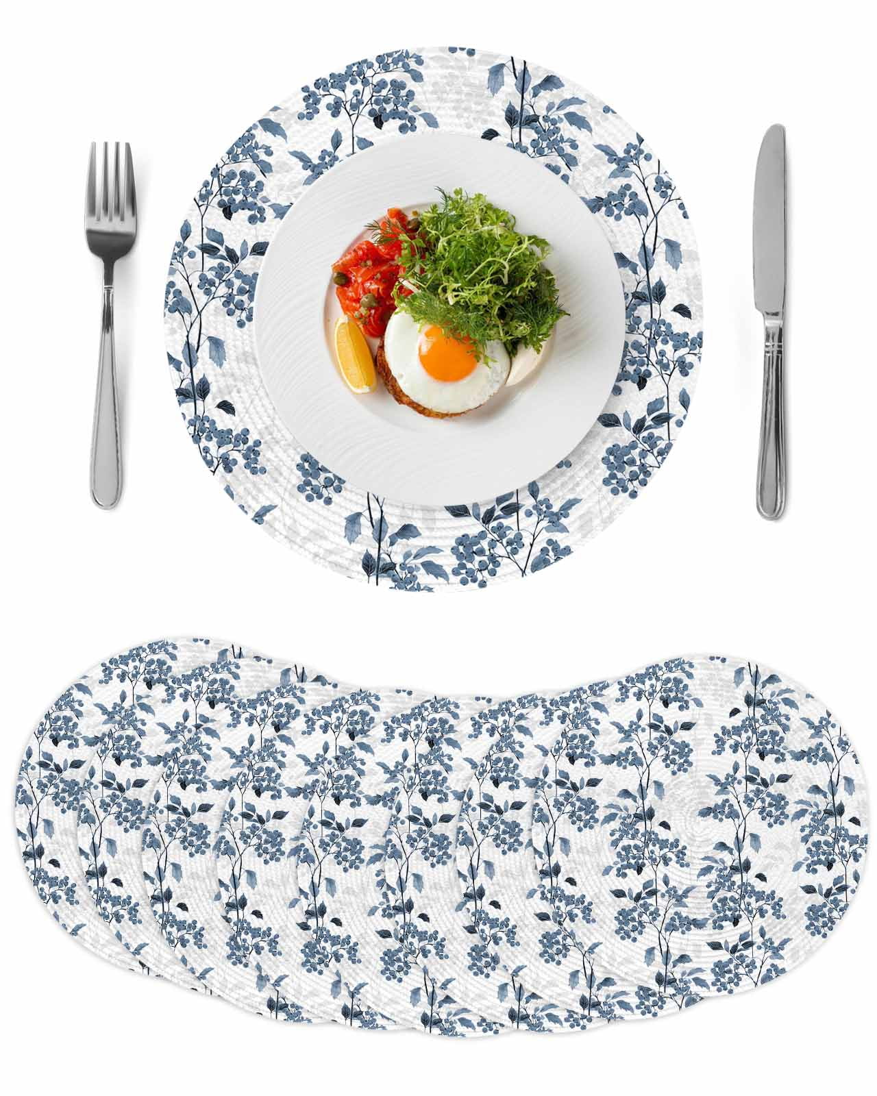 Blue Floral Round Table Placemats set of 8, Vintage Abstract Botanical ...