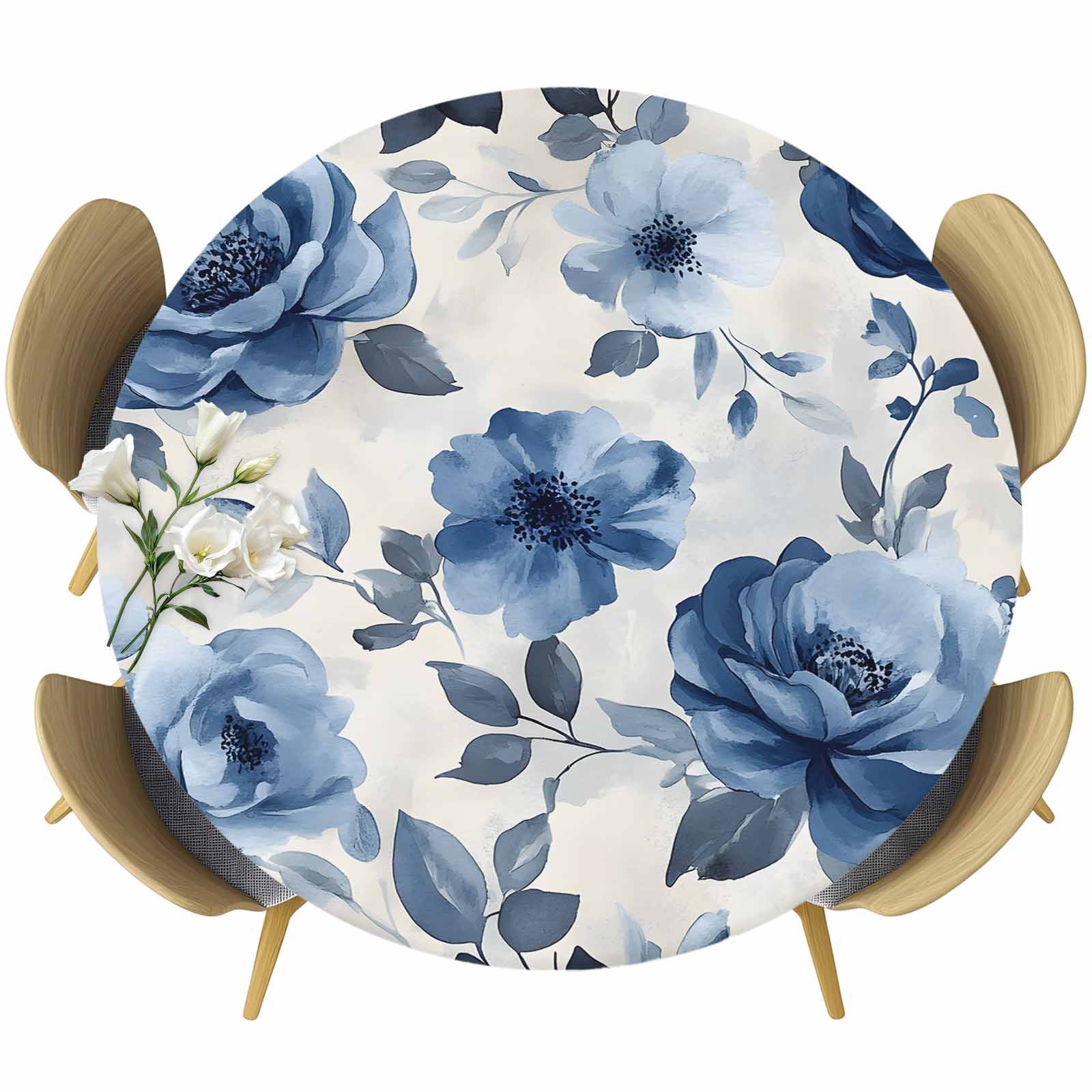 Blue Floral Round Tablecloth 36-44 Inch Round Fitted Table Cloth with ...