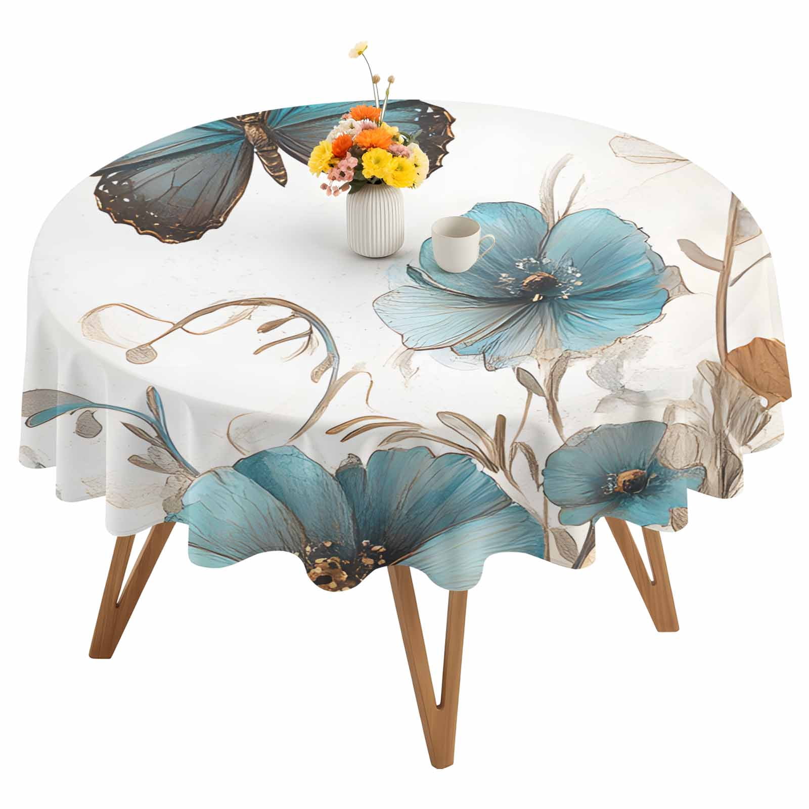 Blue Floral Round Tablecloth 54 inches Butterfly Watercolor Flowers ...