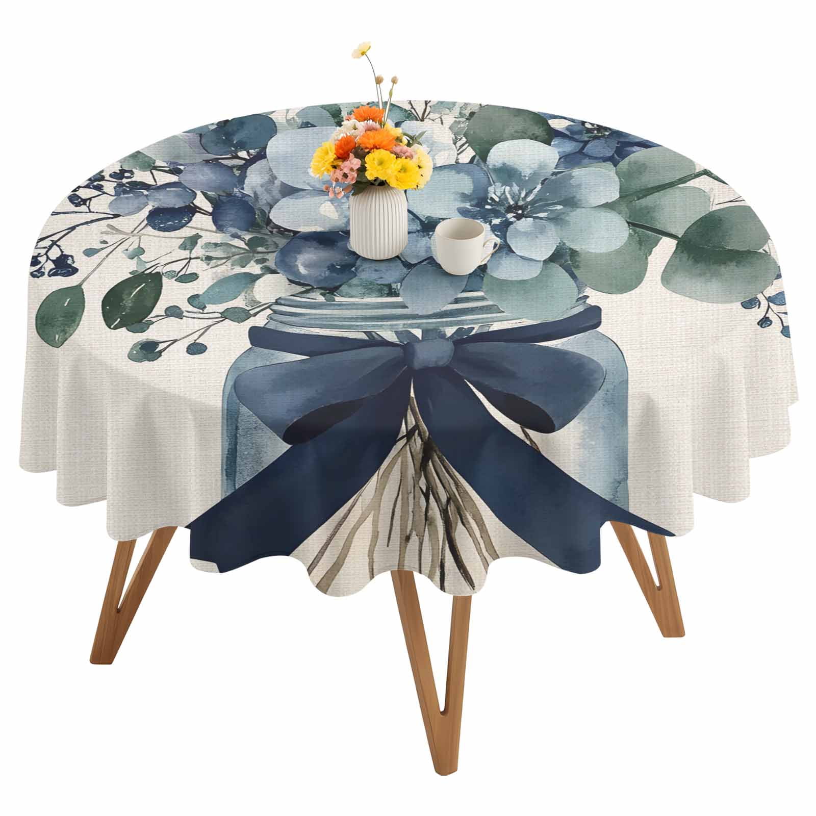Blue Floral Round Tablecloth 54 inches Pastoral Eucalyptus Leaf Bow ...