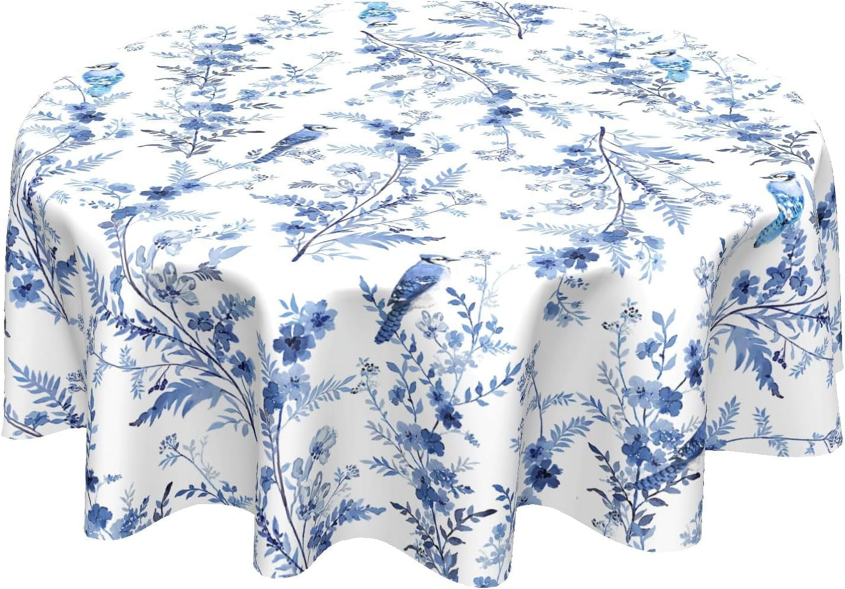 Blue Floral Round Tablecloth 60 Inch Chinoiserie Flowers Table Cloth ...
