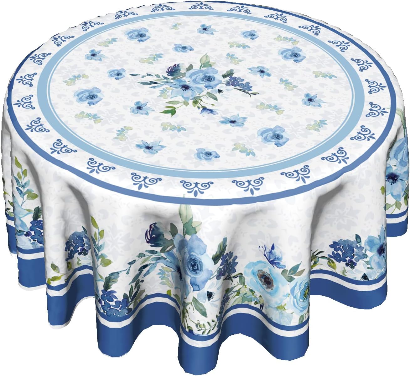 Blue Floral Round Tablecloth 60 Inch Elegant Flower Waterproof Washable ...