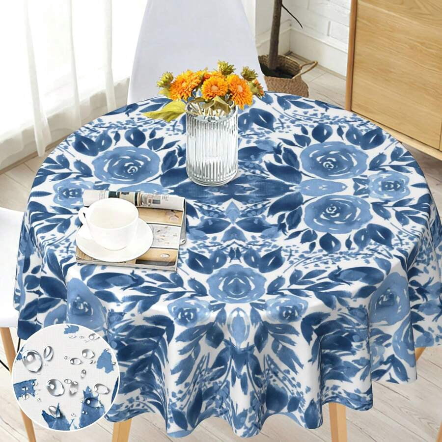 Blue Floral Round Tablecloth 60 Inch, Stain-Resistant Waterproof ...