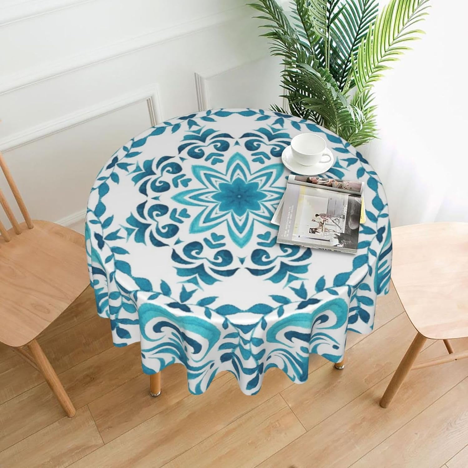 Blue Floral Round Tablecloth 60 Inch Watercolor Arabesque Paint Star ...