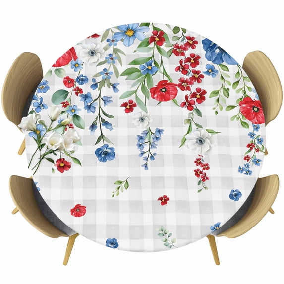 Blue Floral Round Tablecloth, Fitted Table Cover with Elastic for 36 ...