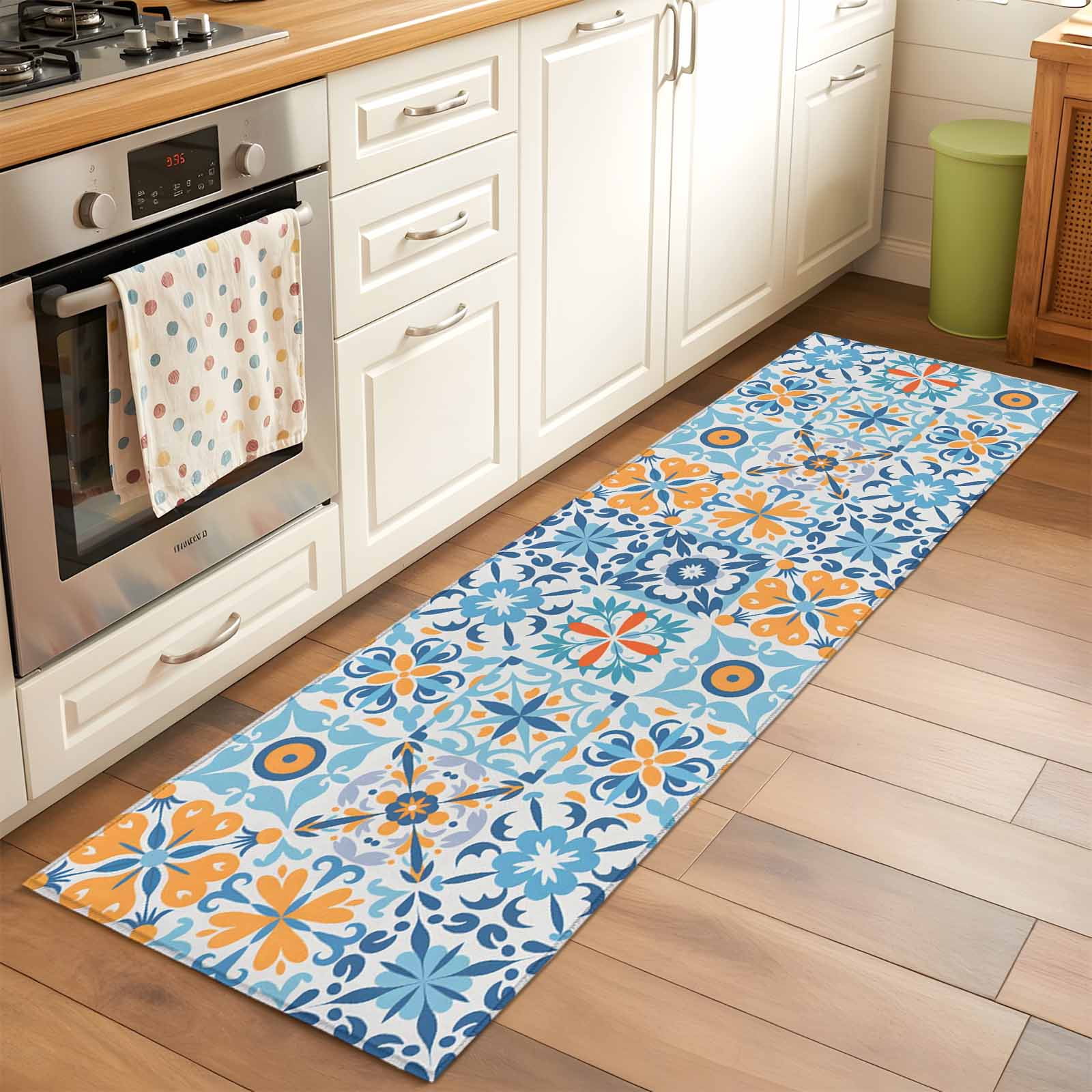 Blue Floral Runner Rugs 2x6 ft Vintage Mediterranean Tile Orange Yellow ...