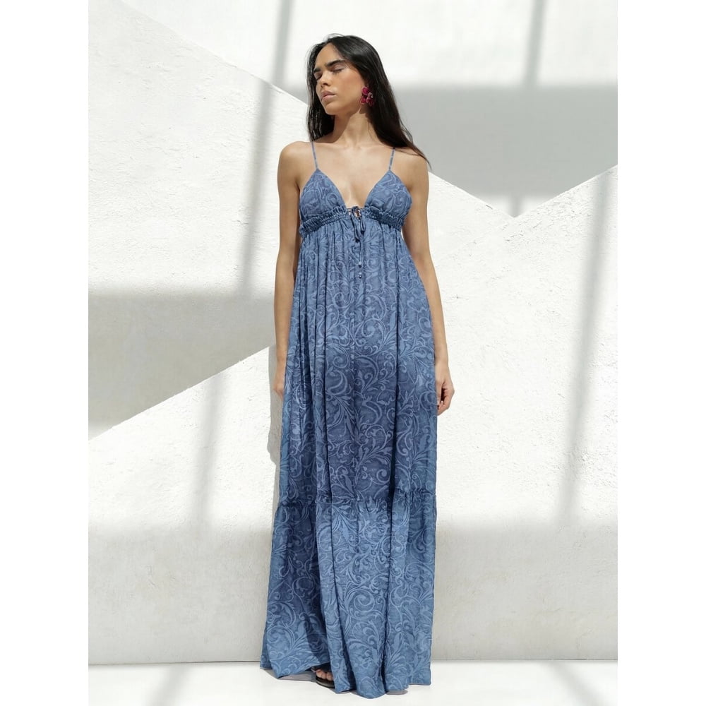 Blue Floral Scroll Print Spaghetti Strap Maxi Dress With V-Neck Empire ...