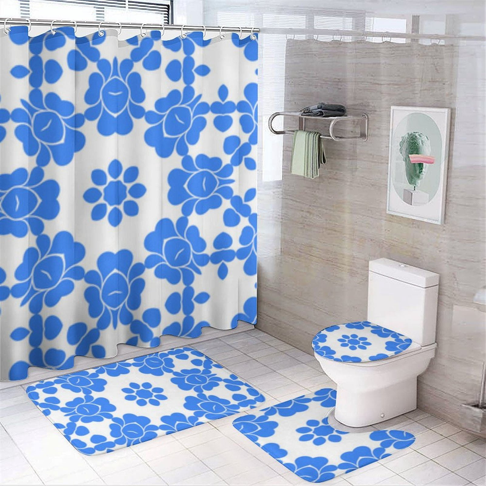 Blue Floral Seamless Pattern Design Shower Curtain Sets with Rugs 4 ...
