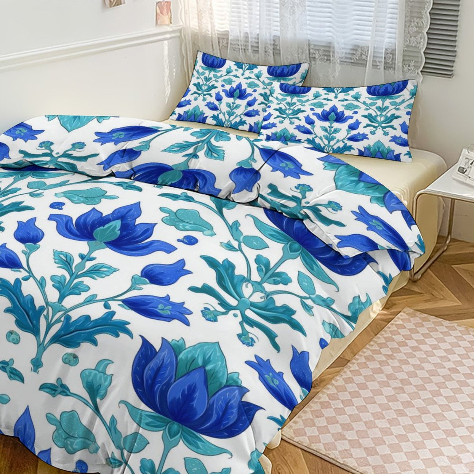 Blue Floral Seamless Pattern Design Textile Print Bedding Set with ...