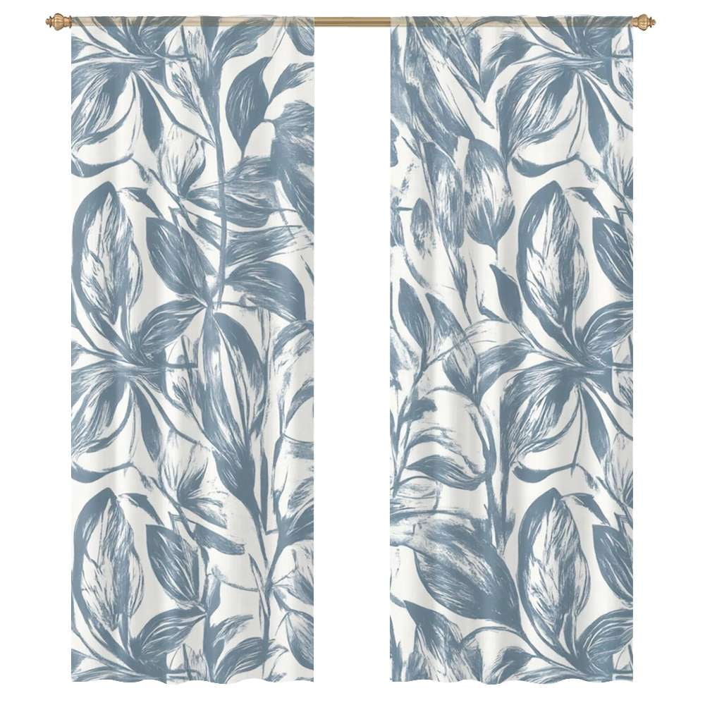 Blue Floral Seamless Pattern Tulle Curtains For Living Room Chiffon ...