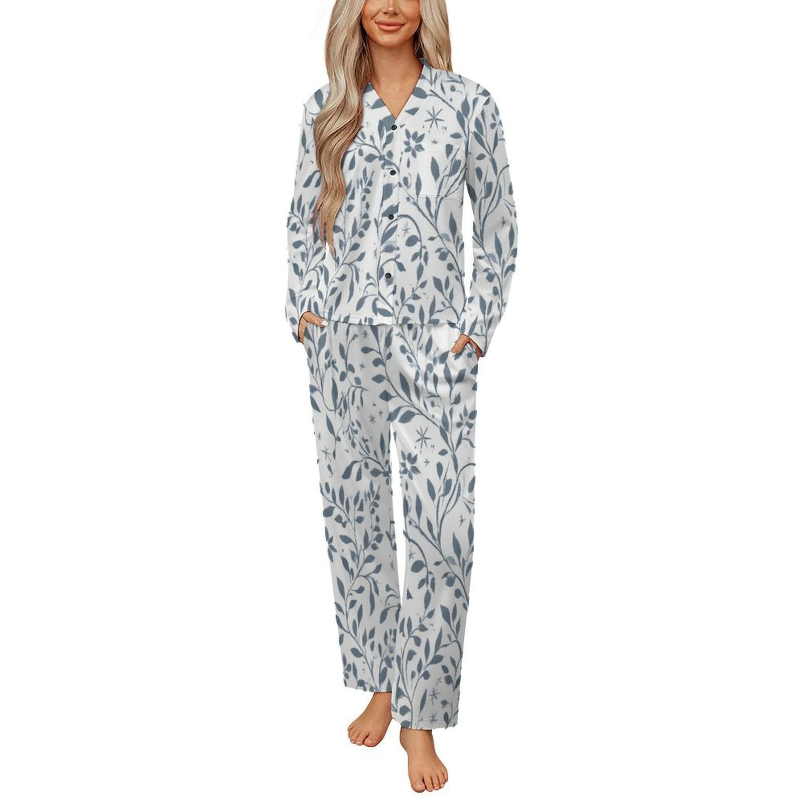 Blue Floral Seamless Pattern Womens Pyjamas Set Button Up Pyjamas ...