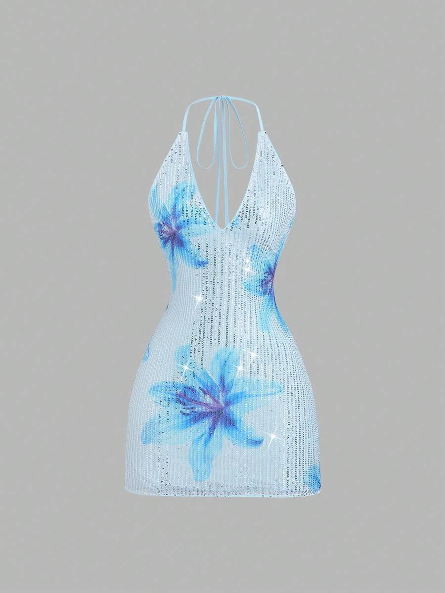 Blue Floral Sequin Mini Dress With Deep V-Neck Halter Tie Strap ...