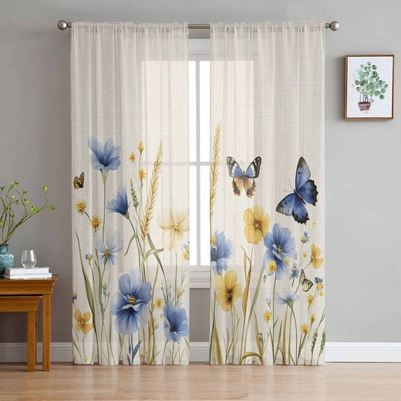Blue Floral Sheer Curtains 108 Inch Length 2 Panels Set for Living Room ...