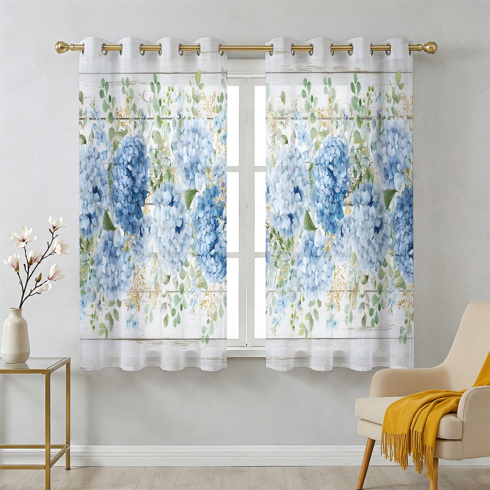 Blue Floral Sheer Curtains 39 Inch Long 2 Panels, Summer Country Blue ...