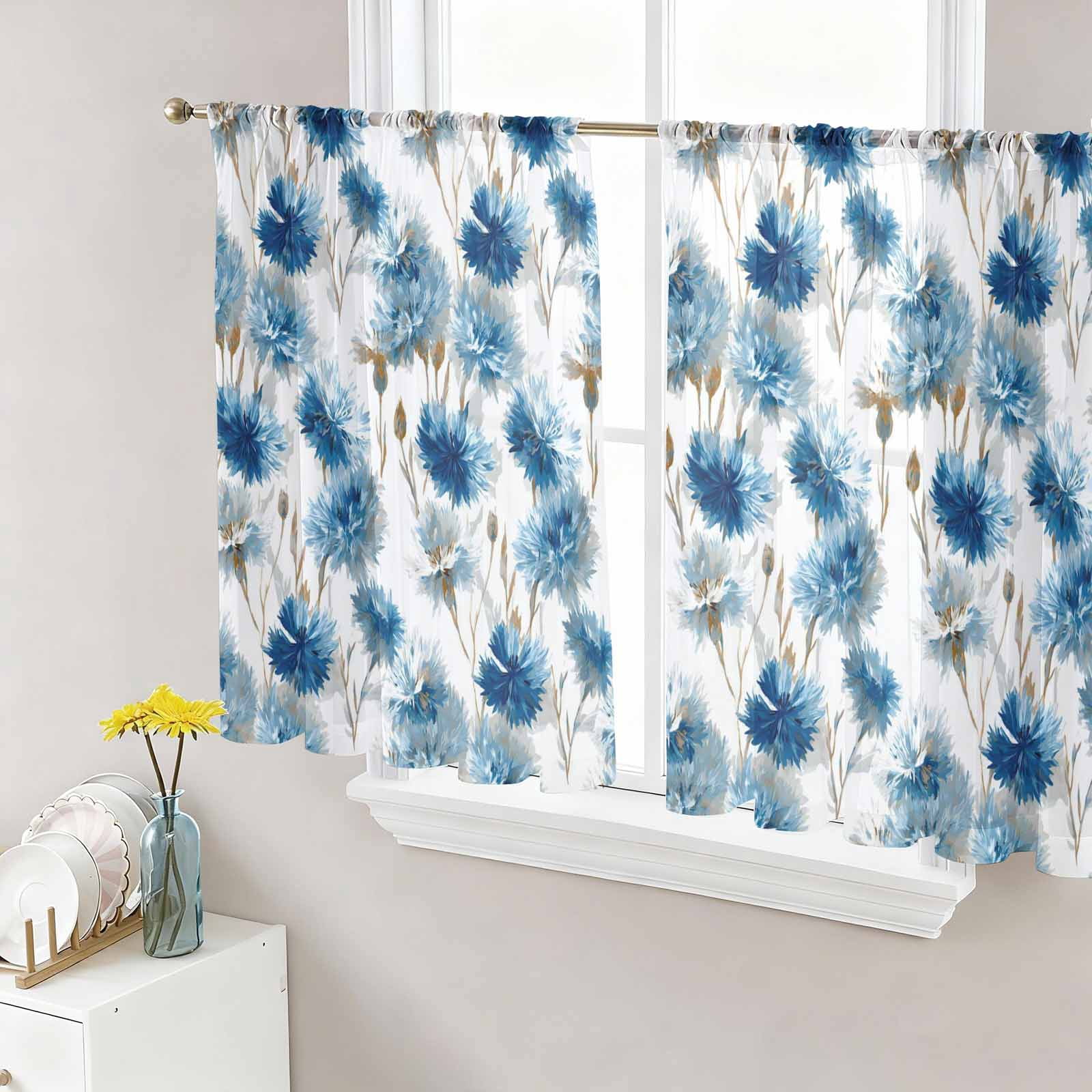 Blue Floral Sheer Curtains 45 Inch Length 2 Panels Set, Vintage ...