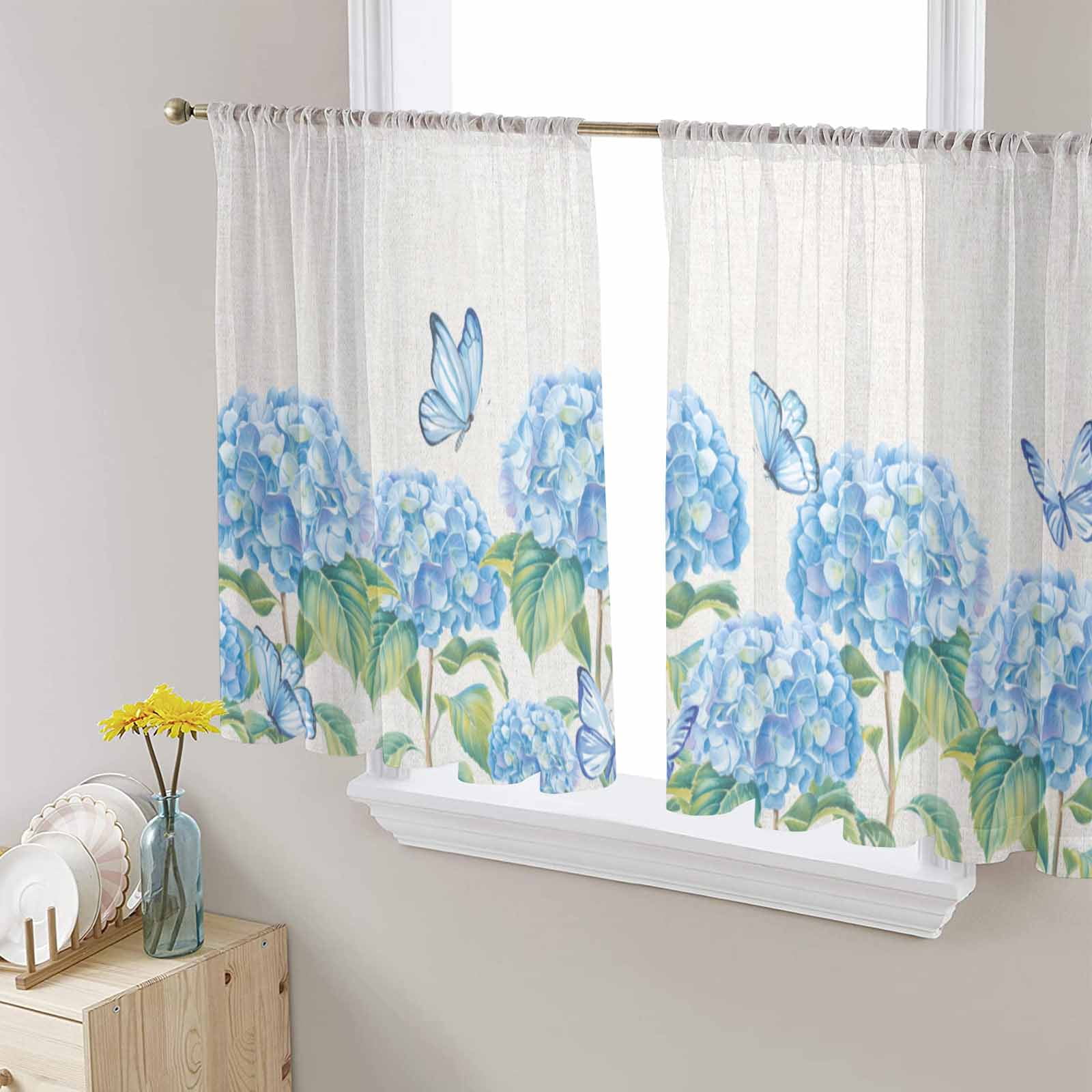 Blue Floral Sheer Curtains 54 Inches Length 2 Panels Set, Window Sheer ...