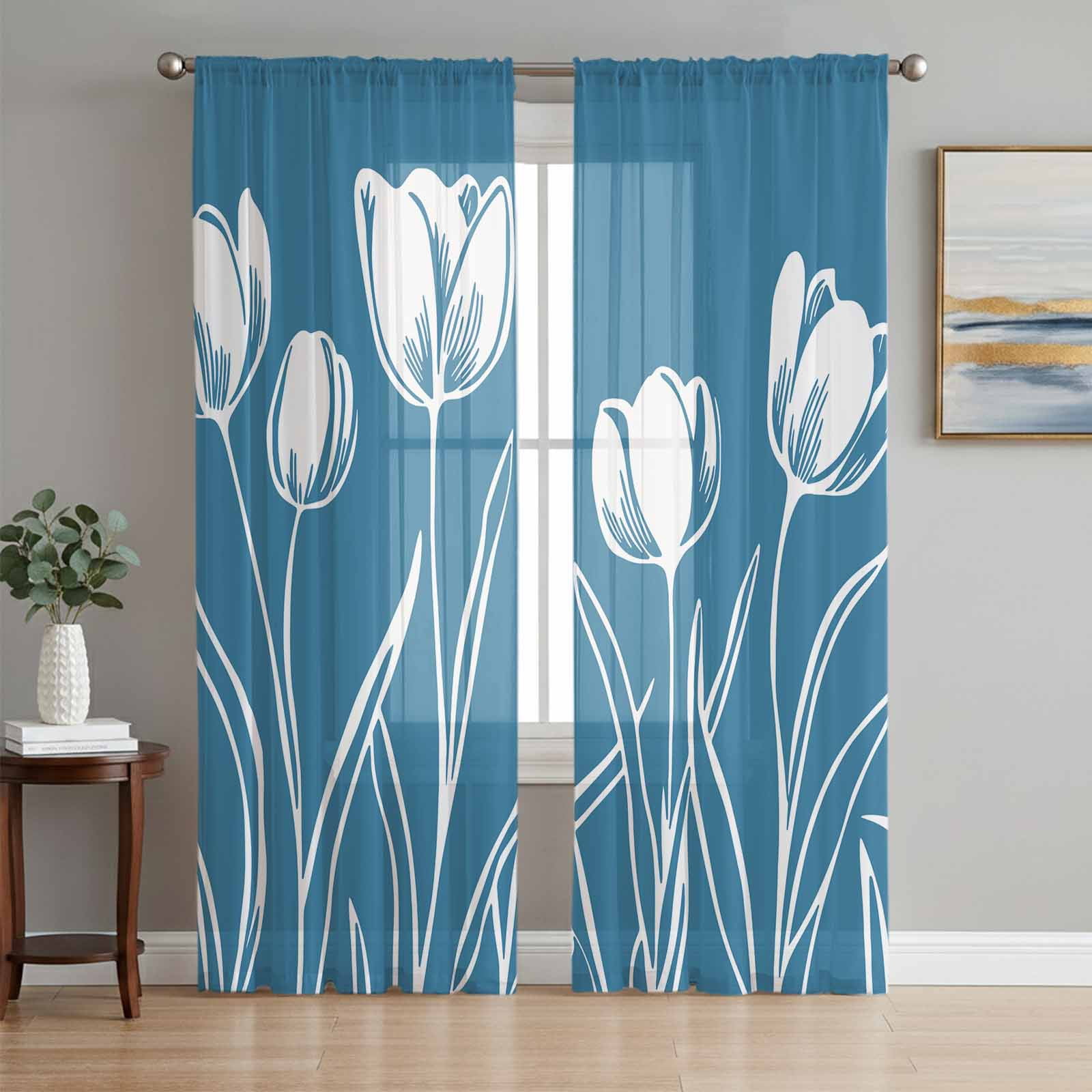 Blue Floral Sheer Curtains 63 Inch Length 2 Panels Set, Country Plant ...
