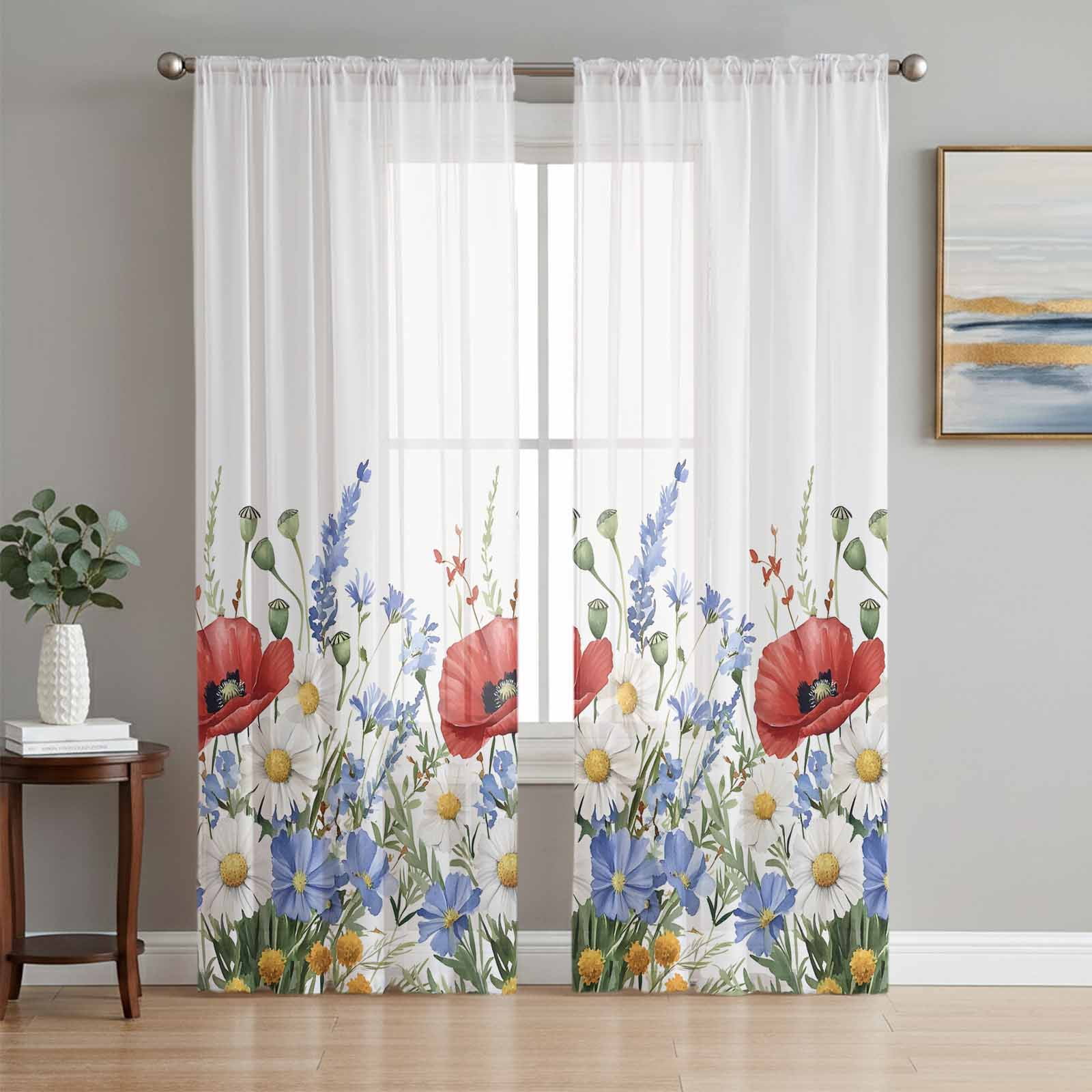Blue Floral Sheer Curtains 63 Inch Length 2 Panels Set, Red Poppy ...