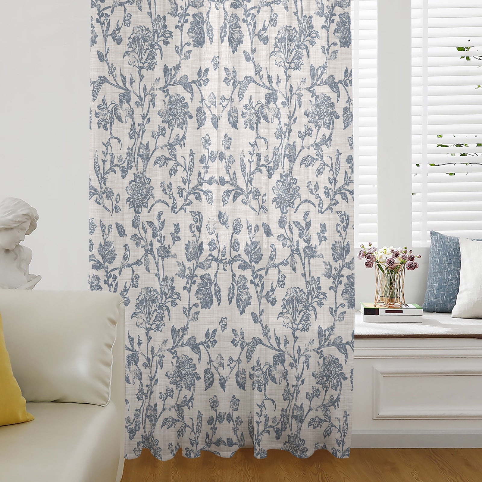 Blue Floral Sheer Curtains 63 Inch Length, Light Filtering Voile ...