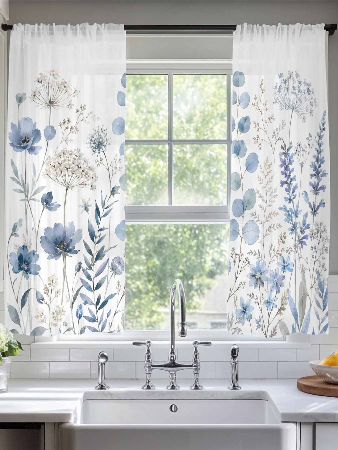 Blue Floral Sheer Curtains 72 inches Long, Countryside Blue Eucalyptus ...