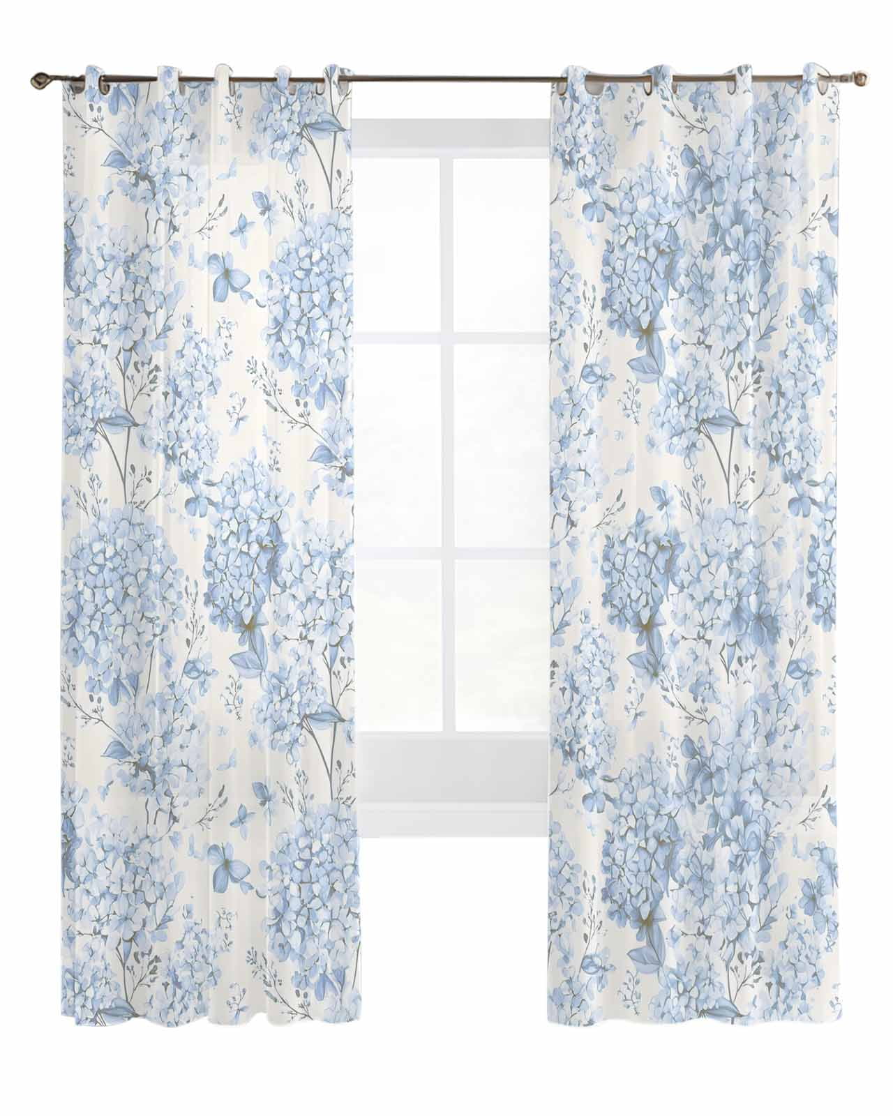 Blue Floral Sheer Curtains 84 Inch Length 2 Panels Garden Petals Flower ...