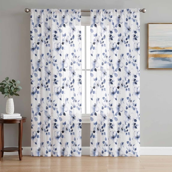 Blue Floral Sheer Curtains 84 Inch Length 2 Panels Set, Retro Blossom ...