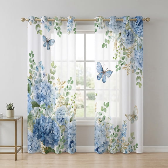 Blue Floral Sheer Curtains 84 Inch Long 2 Panels, Summer Country Blue ...