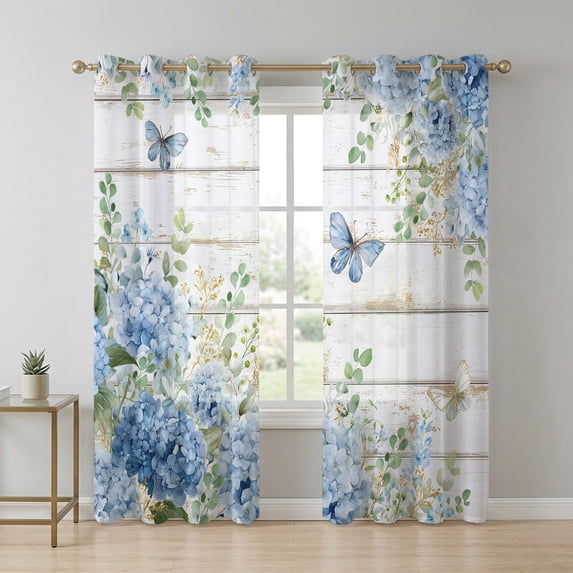 Blue Floral Sheer Curtains 84 Inch Long 2 Panels, Summer Country ...